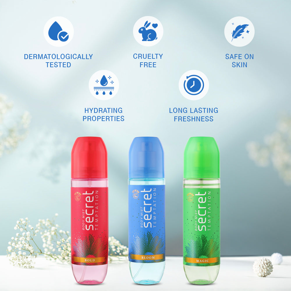 Pack of Bloom, Bold & Magic Body Mist (120ml each) | Secret Temptation